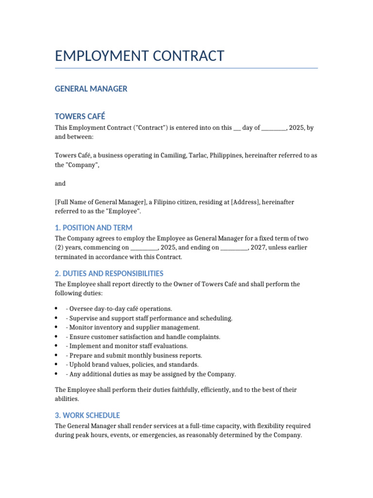 General Manager Employment Contract | PDF | Employment | Non Disclosure ...