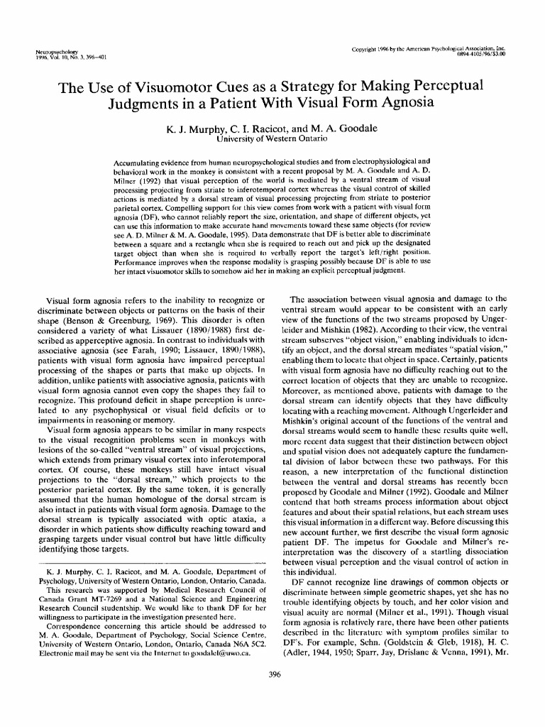 Visuomotor Cues in Visual Form Agnosia | PDF | Visual Perception ...