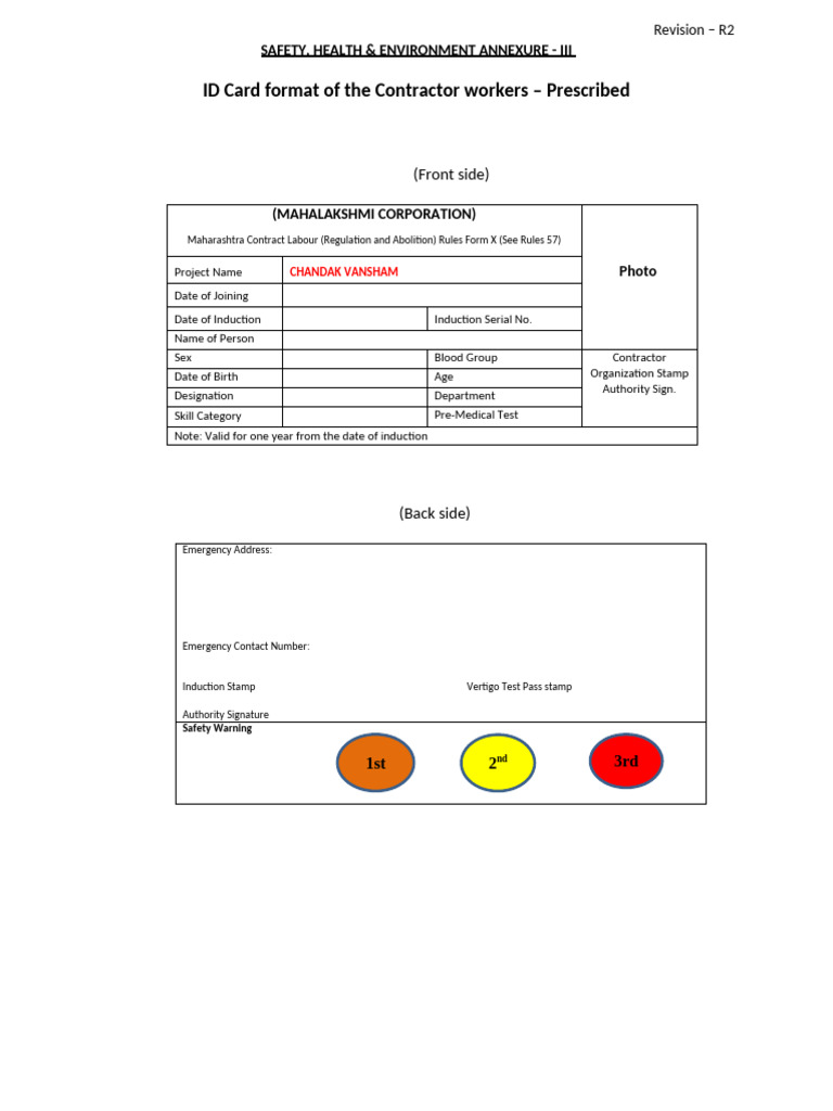 Contractor Workers ID Card Format | PDF