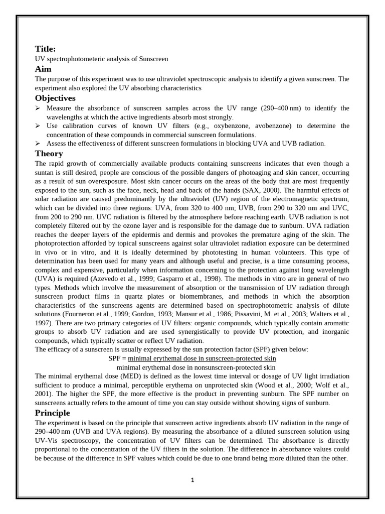 UV Spectrophotometry for Sunscreen Analysis | PDF | Ultraviolet | Sunscreen