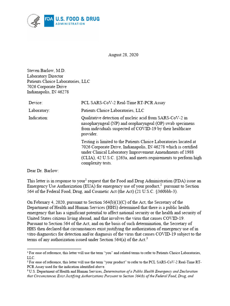 EUA PatientsCL SARS Letter | PDF | Food And Drug Administration | Infection