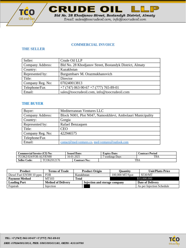 Commercial Invoice for Diesel Fuel Sale | PDF | Invoice | Chemical ...