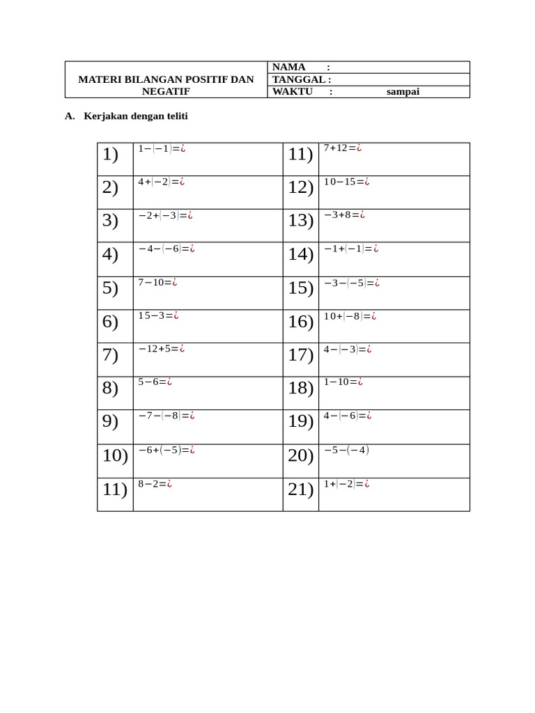 Latihan Bilangan Positif dan Negatif | PDF