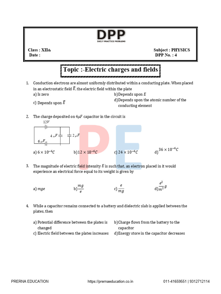 Electric Charges and Fields DPP 4 | PDF | Capacitor | Capacitance