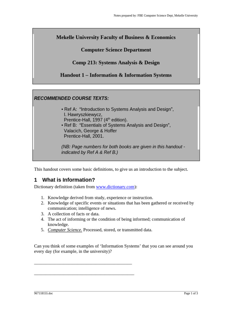 SAD Handout 1 - Information & IS | PDF | Data | Information