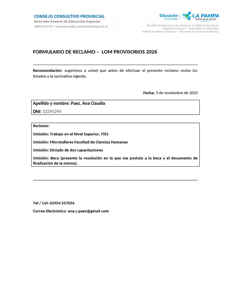 Formulario de Reclamos - Editable LOM PROVISOROS 2026 | PDF