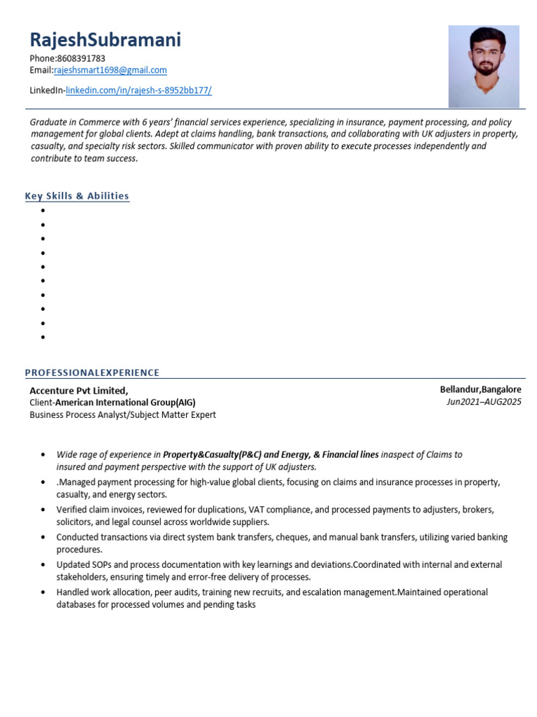 Rajesh - Resume - 2025 | PDF | Wire Transfer | Insurance