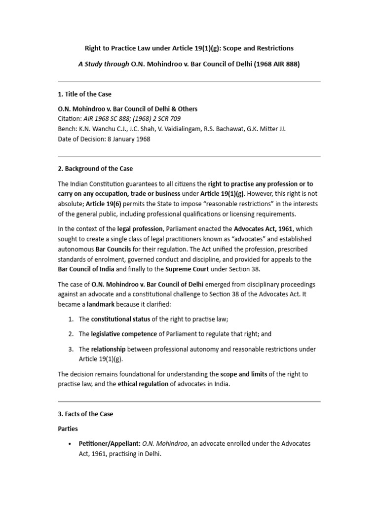 Right to Practice Law: Article 19(1)(g) Analysis | PDF | Advocate | Appeal