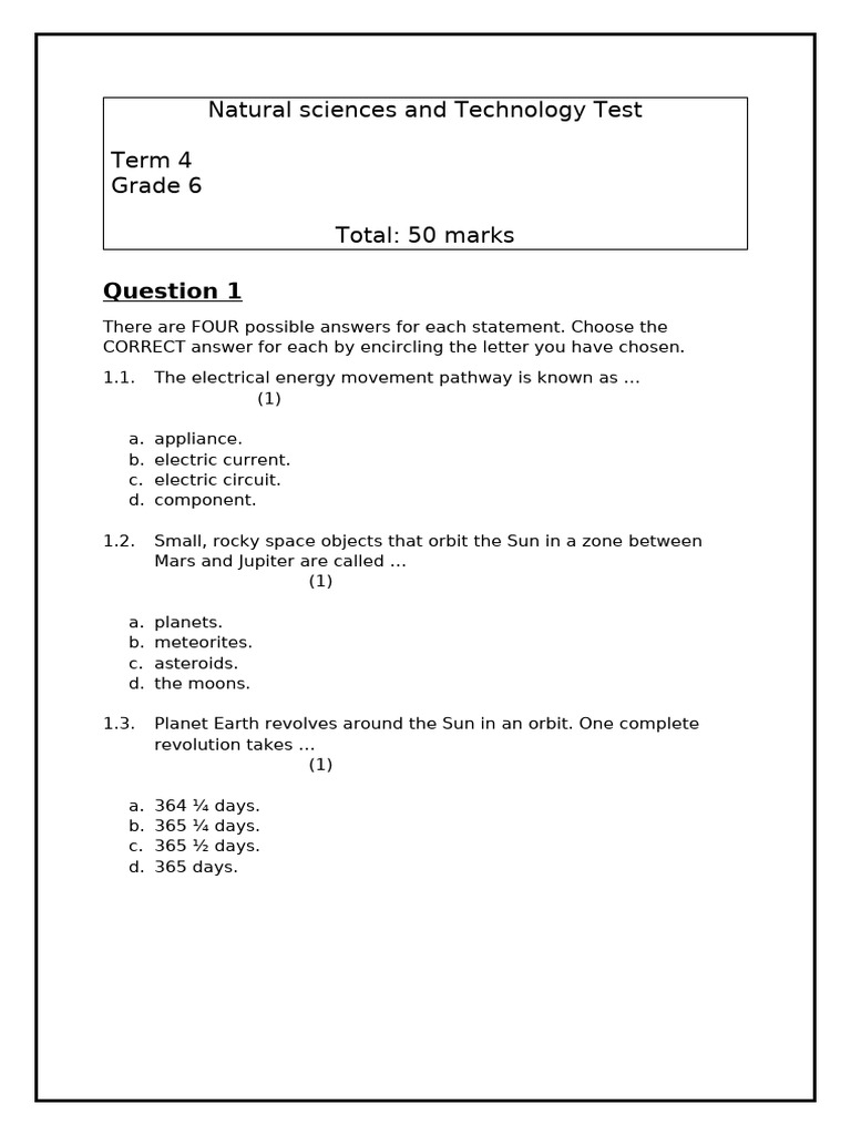 Natural Sciences and Technology Grade 6 Test Term 4 | PDF | Planets ...
