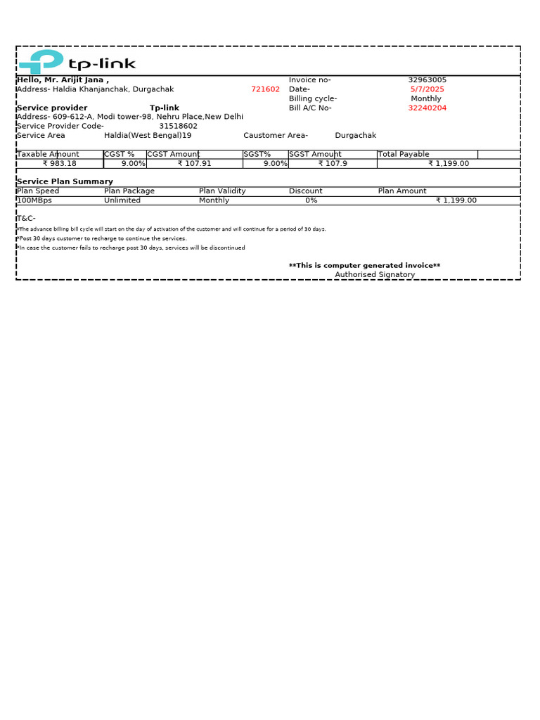 Monthly Invoice for TP-Link Services | PDF