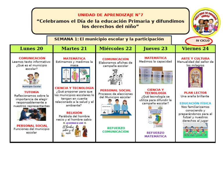 Horario Semana 1 Unidad 7 | PDF | Aprendizaje
