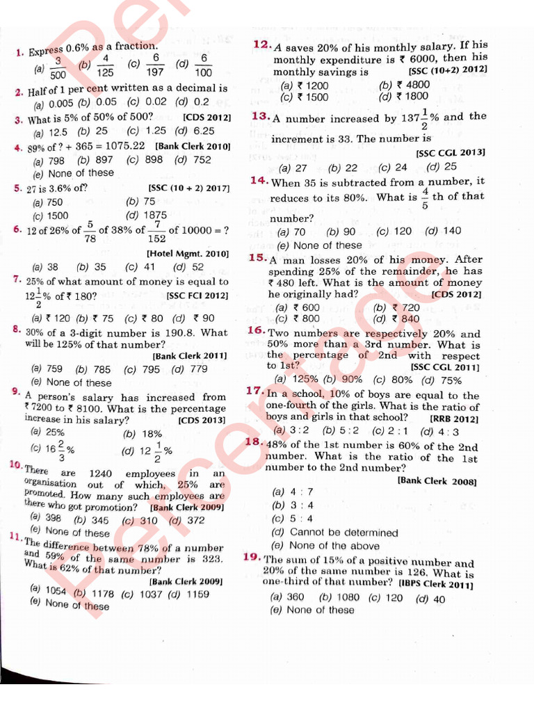 Percentage Exercise | PDF