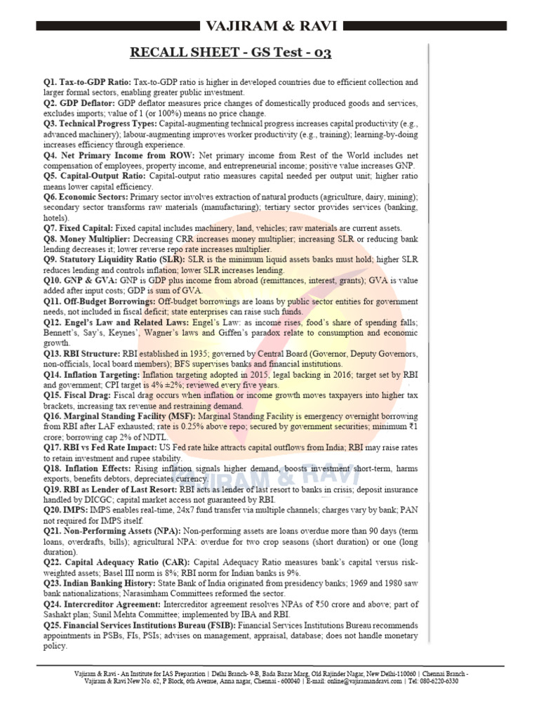 IAS GS Test 03 Recall Sheet | PDF | Cost Of Living | Government Budget ...