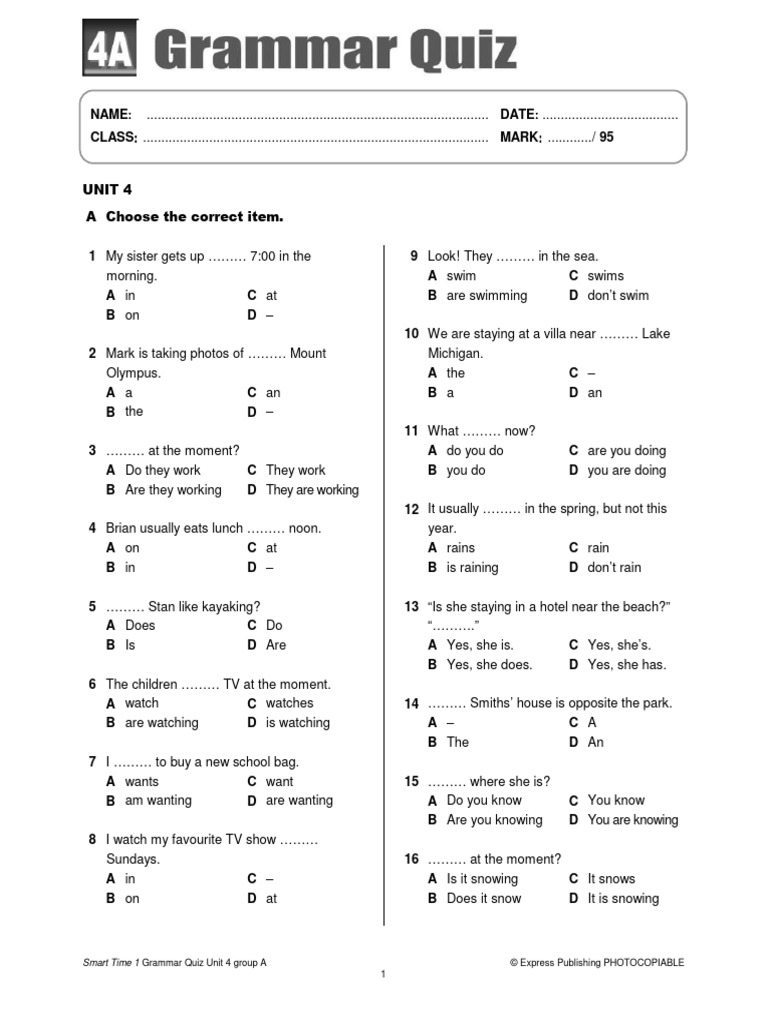 Smart Time 1 Unit 4 Grammar Quiz | PDF