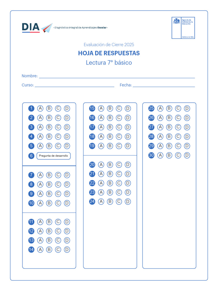 Hoja de Respuestas Lectura Cierre 2025 7 Basico | PDF