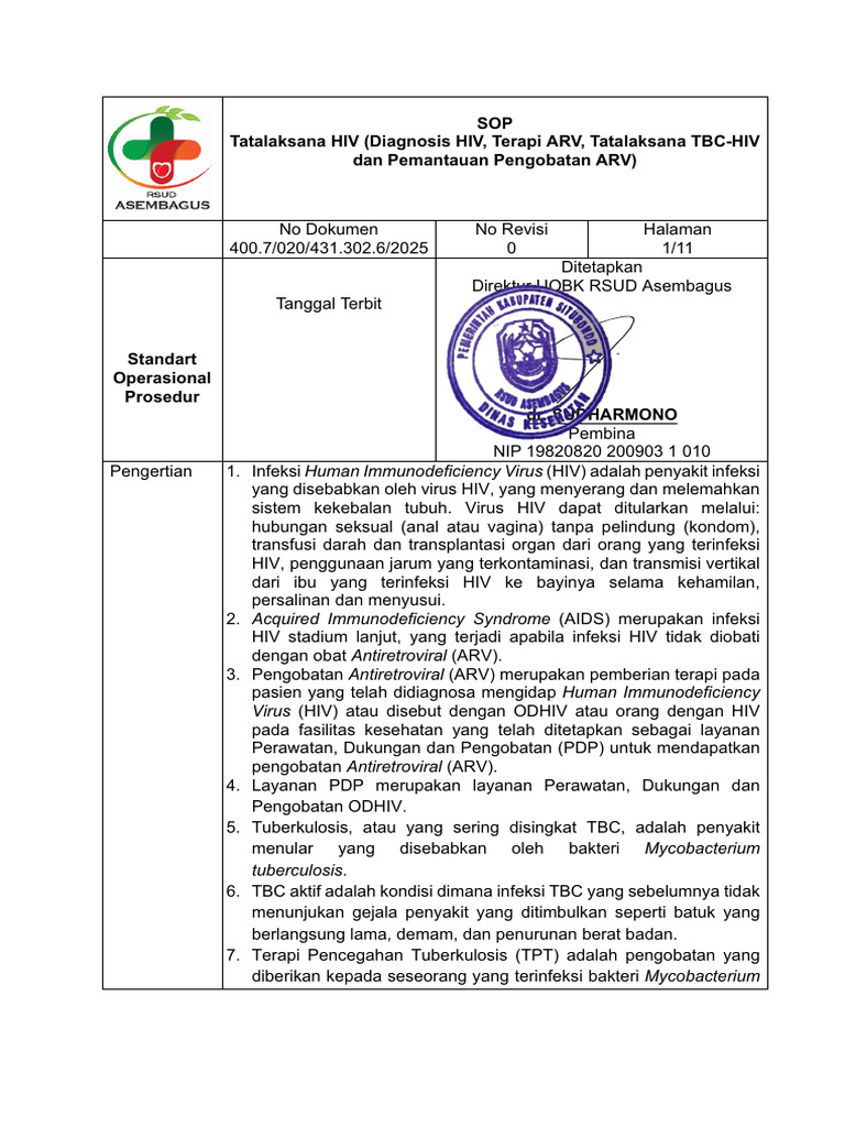 12. SOP Tatalaksana HIV (Diagnosis HIV, Terapi ARV, Tatalaksana TBC-HIV dan Pemantauan ...