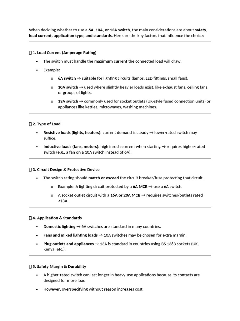 Choosing the Right Switch: 6A, 10A, 13A | PDF | Switch | Fuse (Electrical)