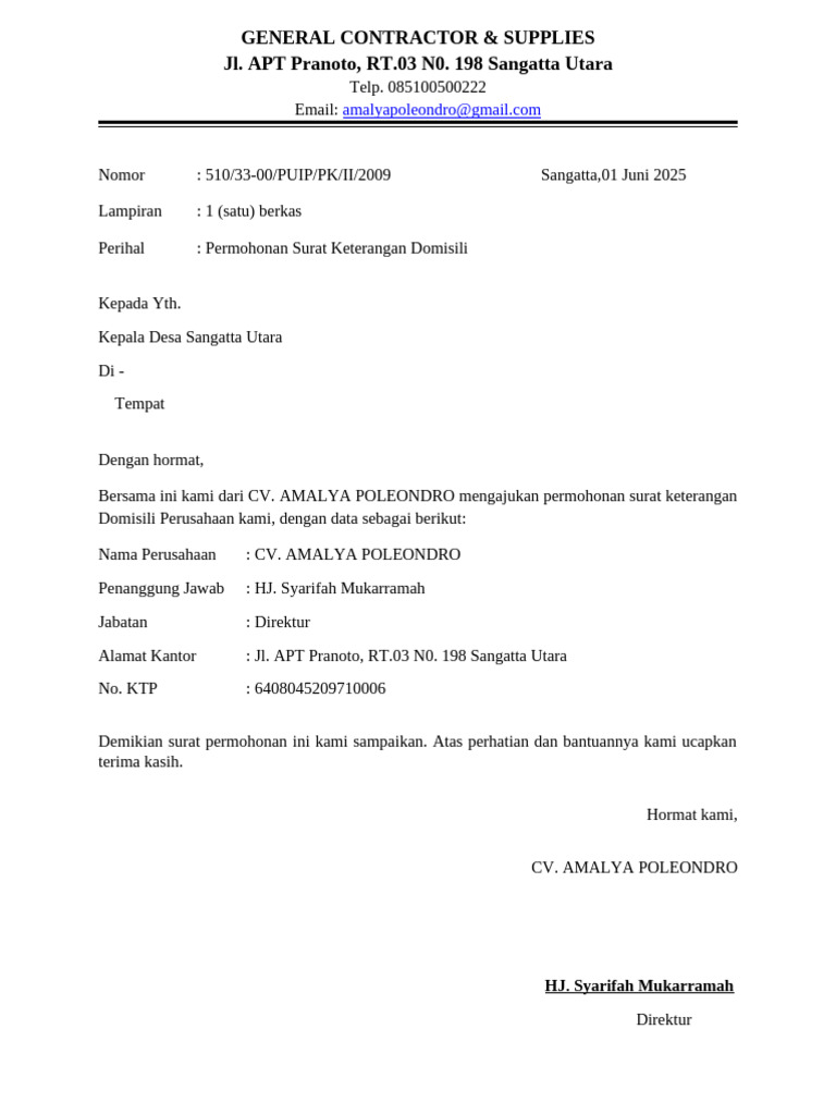 Permohonan Surat Domisili CV Amalya | PDF