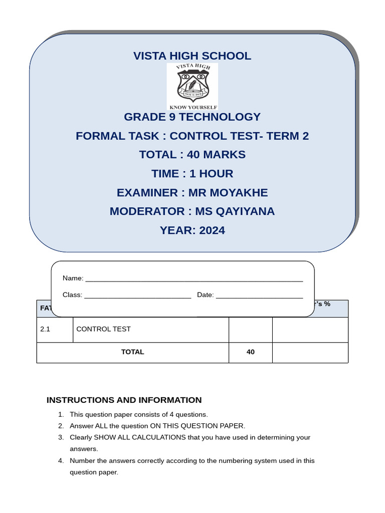 Grade 9 Technology Control Test Guide | PDF | Mechanical Engineering ...