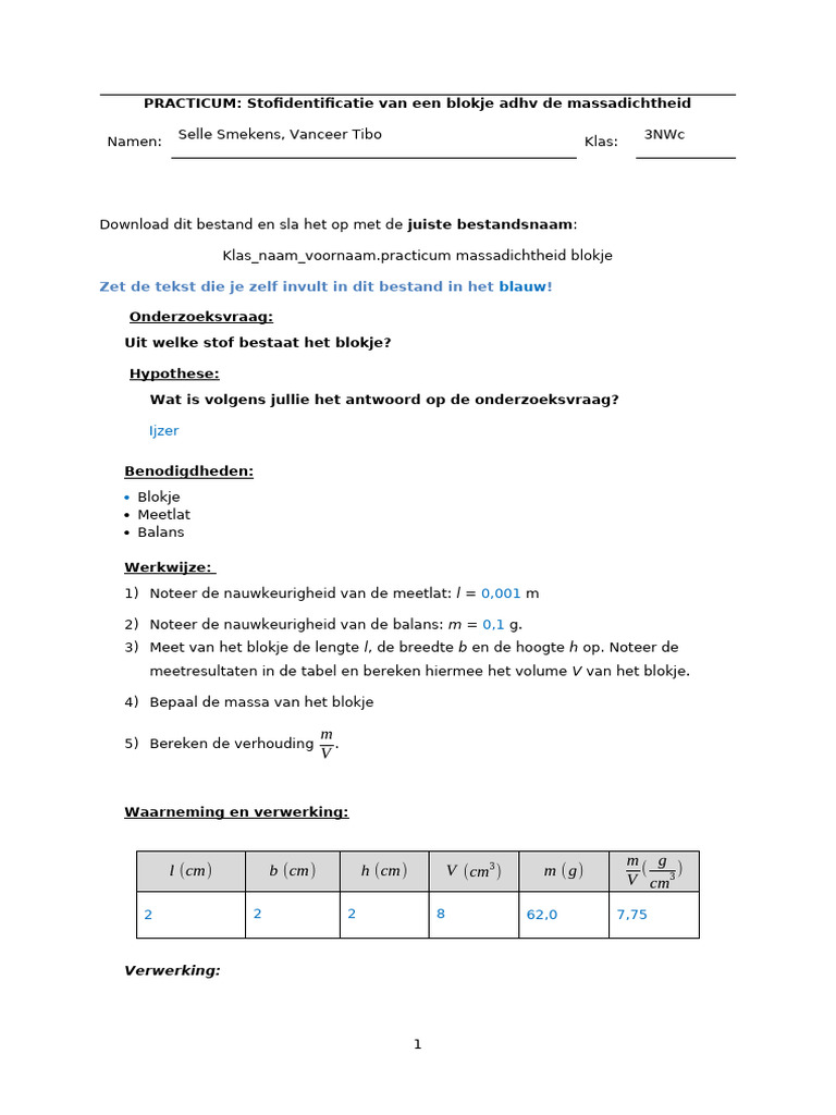 3NWc - Vanceer.tibo - Practicum Massadichtheid Blokje | PDF