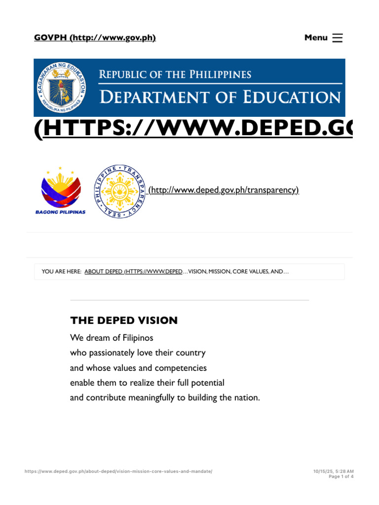 Vision, Mission, Core Values, And Mandate | Department of Education ...