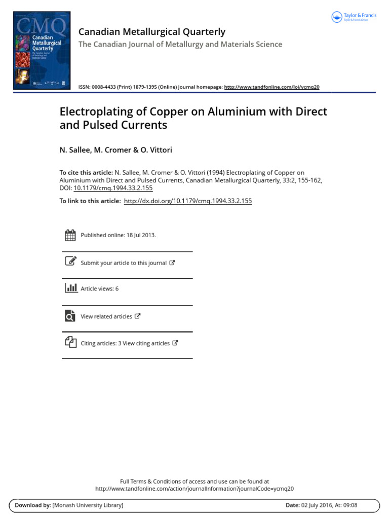 Copper Electroplating on Aluminium Techniques | PDF | Chemistry | Metals