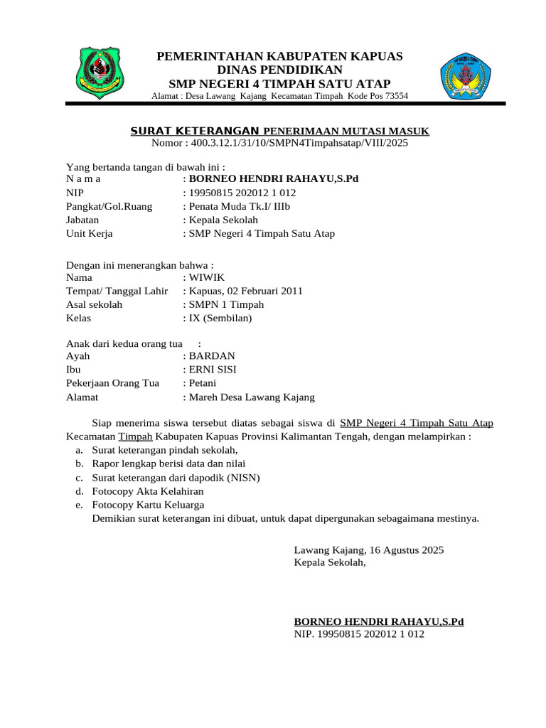 Surat Keterangan Menerima Siswa Pindah Mutasi Masuk | PDF