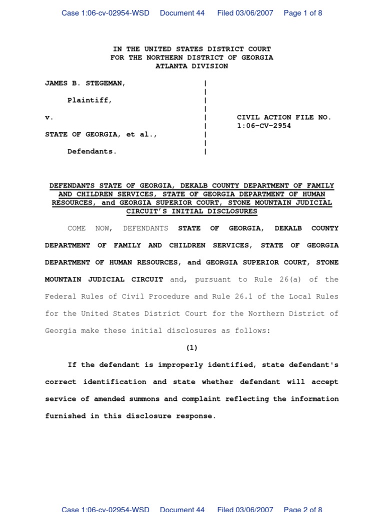 State of Georgia Defendants' Initial Disclosures | PDF | Discovery (Law) | Lawsuit