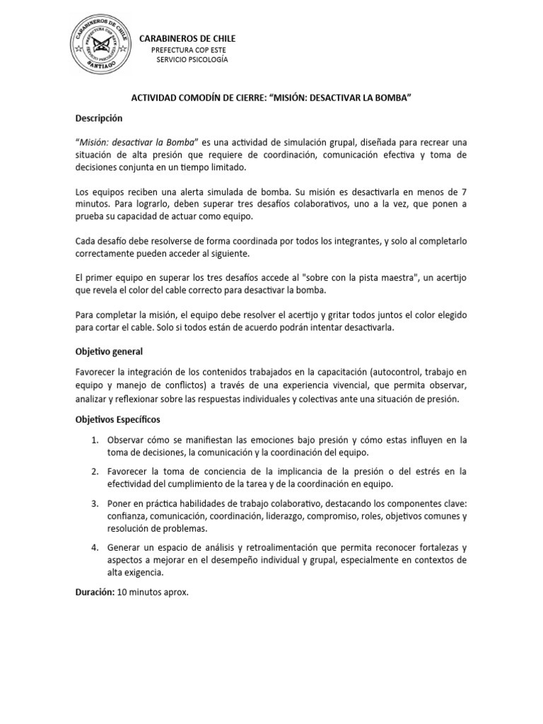 Actividad "Desactivar la Bomba" en Equipo | PDF | Ciencias del ...