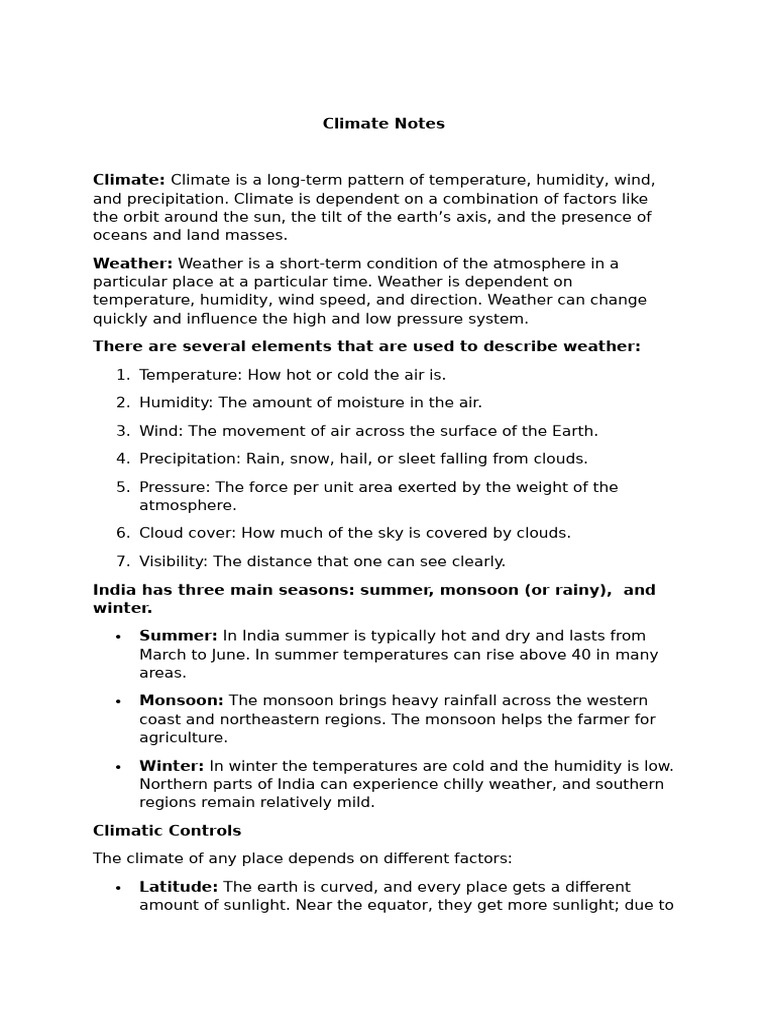 Revision Notes for Climate | PDF | Monsoon | Rain