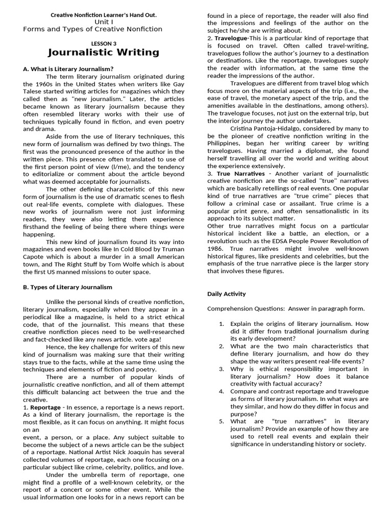 Understanding Literary Journalism | PDF | Creative Nonfiction | Journalism