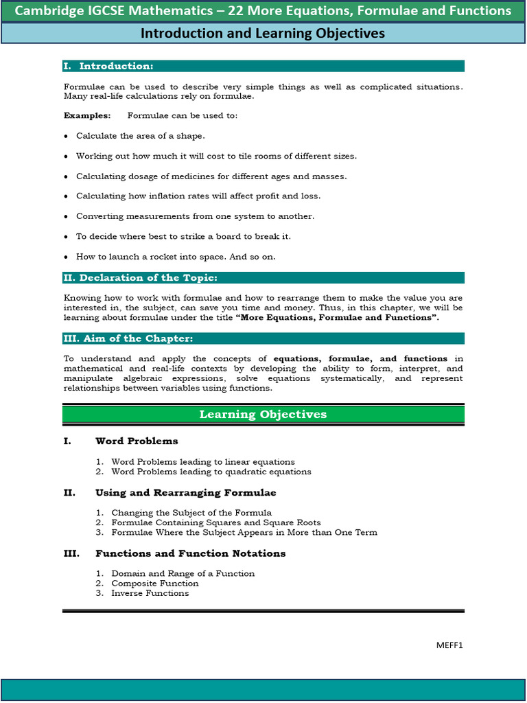 IGCSE Math More Equations Formulae and Functions | PDF | Function (Mathematics) | Equations