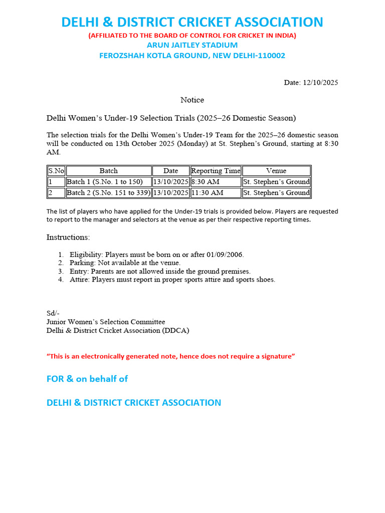 Delhi Women's U19 Selection Trials 2025 | PDF | Bowling (Cricket ...
