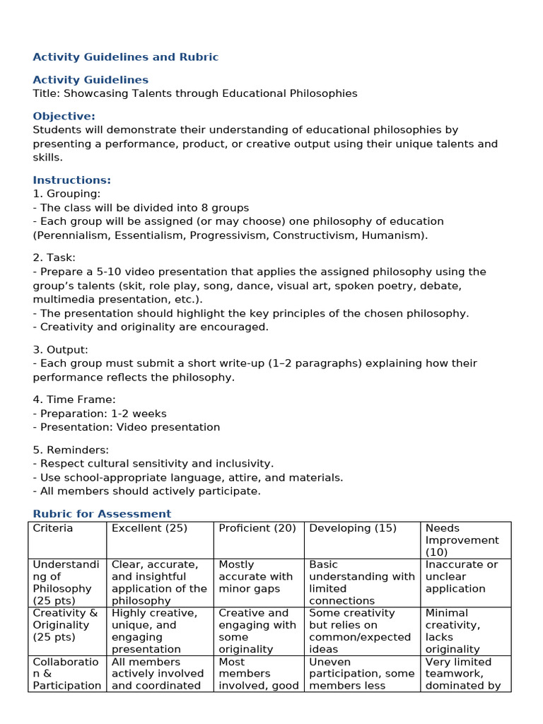Philosophy-Guidelines and Rubric | PDF | Creativity | Philosophy Of ...
