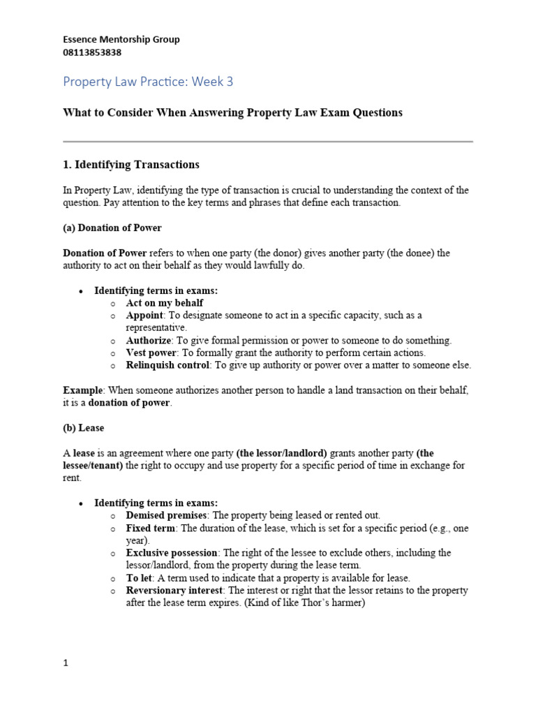 Property Law Exam Strategies Guide | PDF | Lease | Leasehold Estate