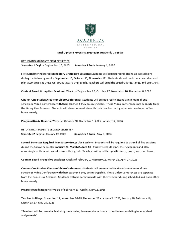 2025-2026 Dual Diploma Calendar | PDF