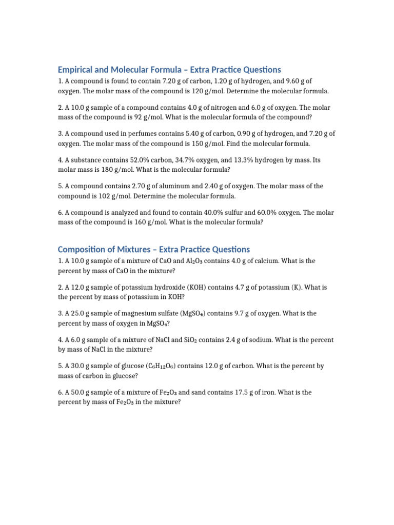 Empirical and Molecular Formula Practice | PDF