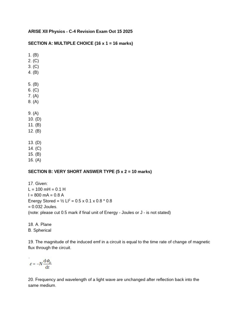 (Answer Key) ARISE XII Physics - C-4 Revision Exam Oct 15 2025 | PDF ...