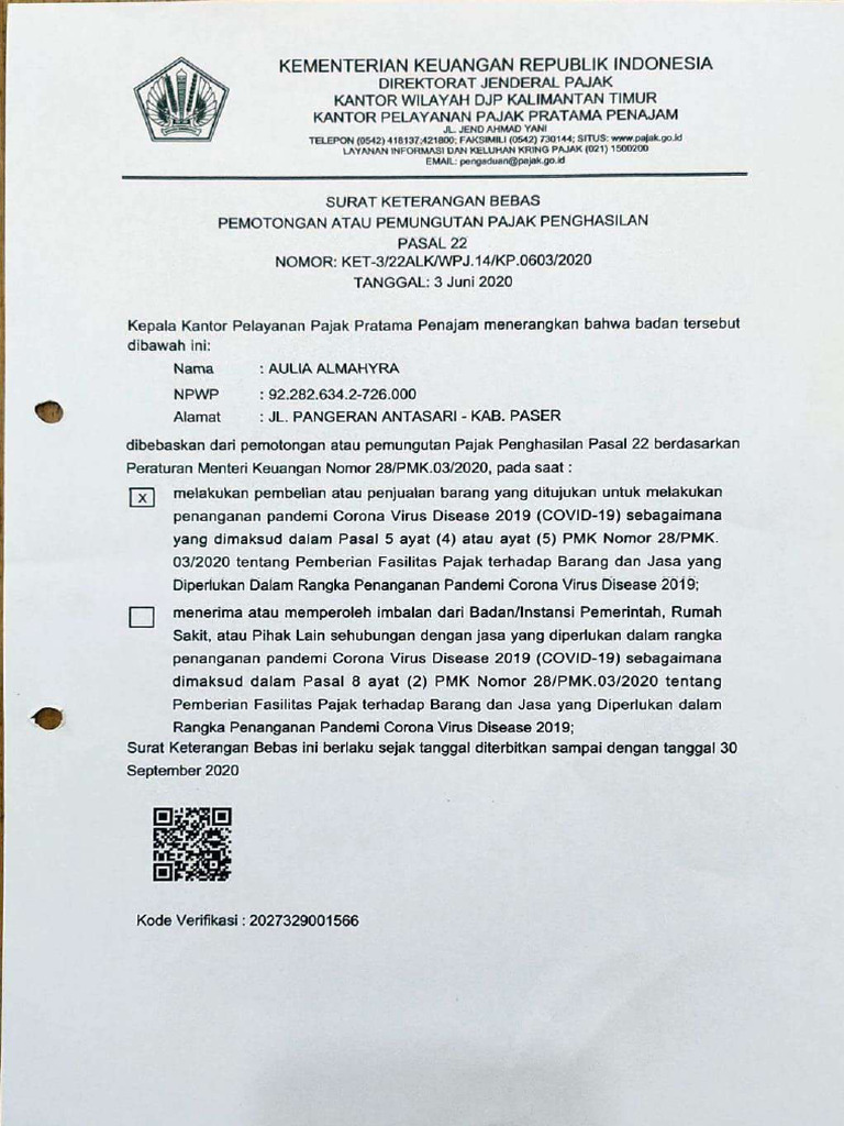 Surat PP23 Surat Bebas Pemotongan Pajak Penghasilan 2020 | PDF