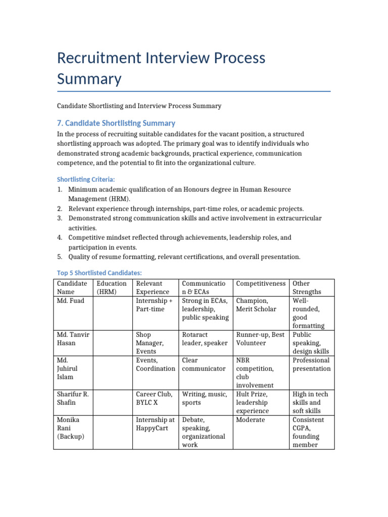 Recruitment Interview Process Summary | PDF