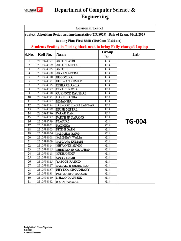 Seating Plan of ADI ST-1 Gamma | PDF | Computing | Computer Science