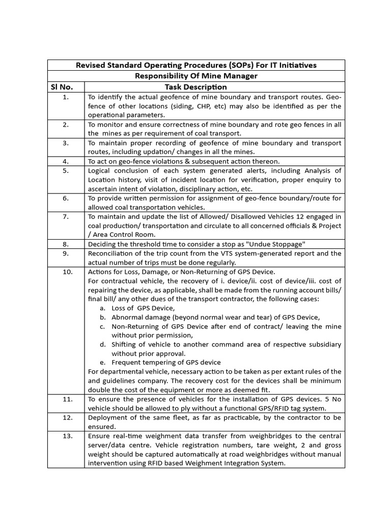 SOPs of IT Initiatives Resposibility of Mine Manager | PDF | Radio ...