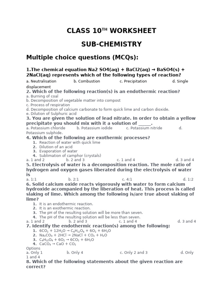 Chapter 1. Chem - Class 10th Worksheet | PDF | Chemical Reactions | Redox