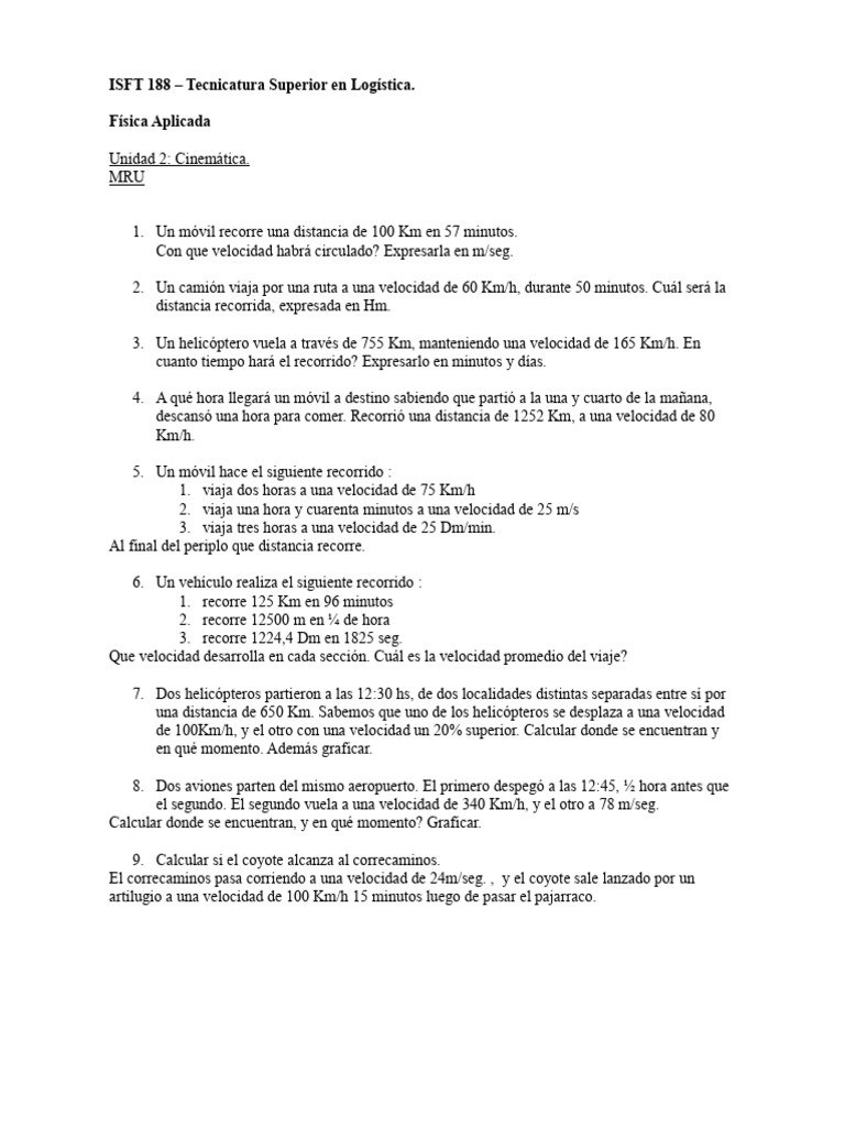 Guia de Ejercicios Unidad 2 MRU | PDF