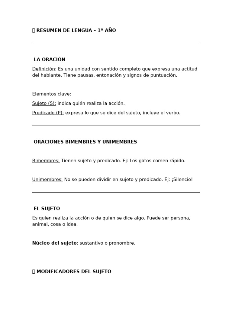 Resumen de Lengua de 1° | PDF | Adjetivo | Verbo