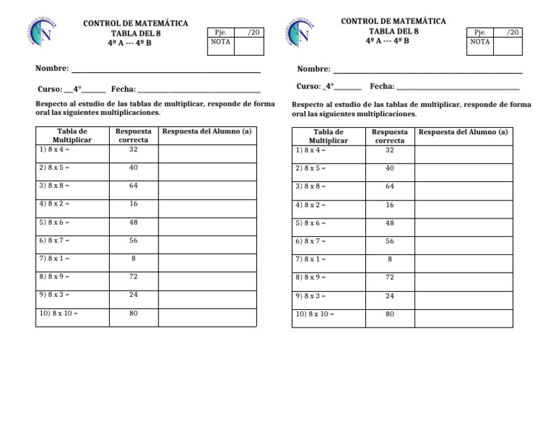 Control de Matemática: Tabla del 8 | PDF