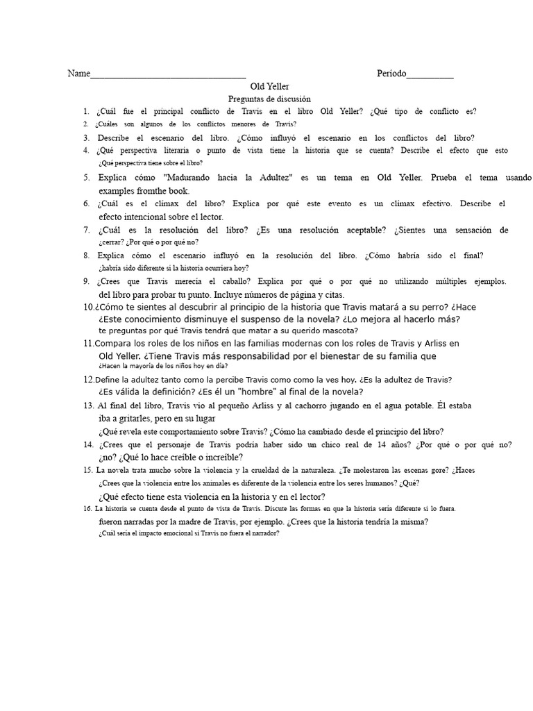 Preguntas de Discusión Sobre Old Yeller | PDF