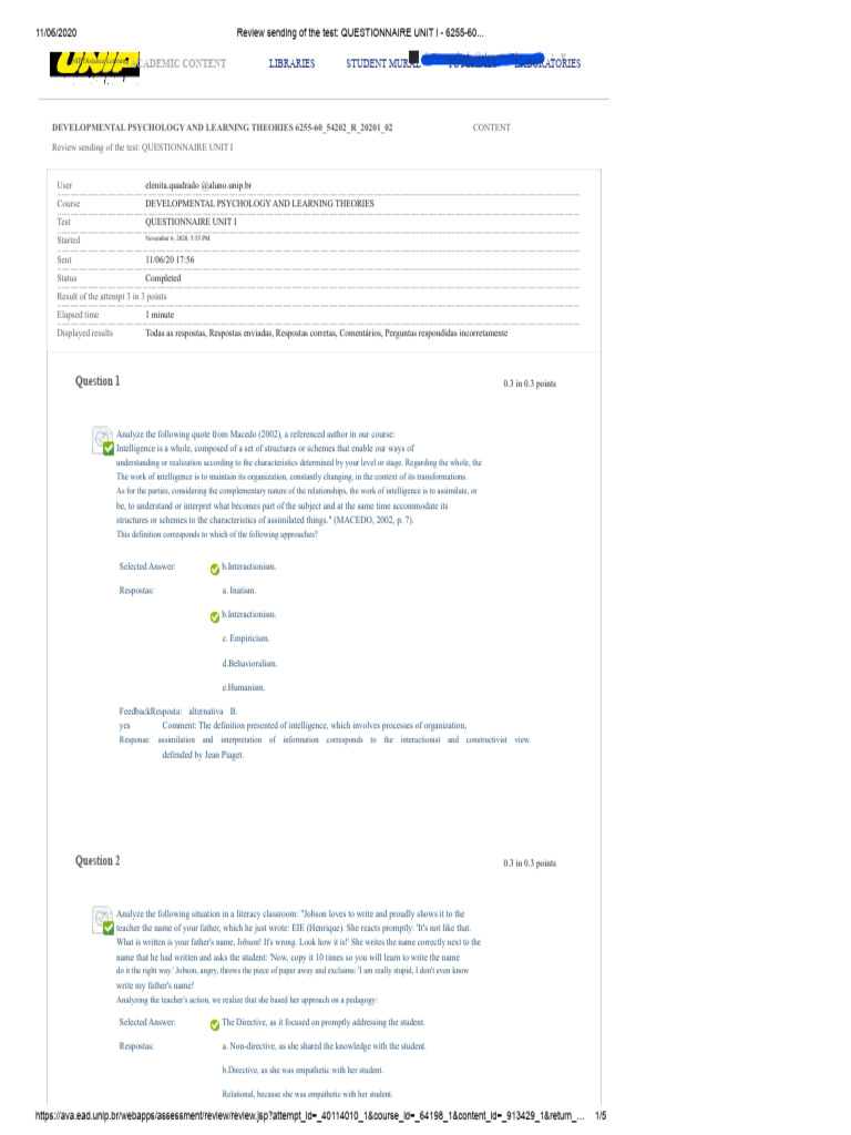 Psychology and Development Learning Theories - Unit I Questionnaire ...