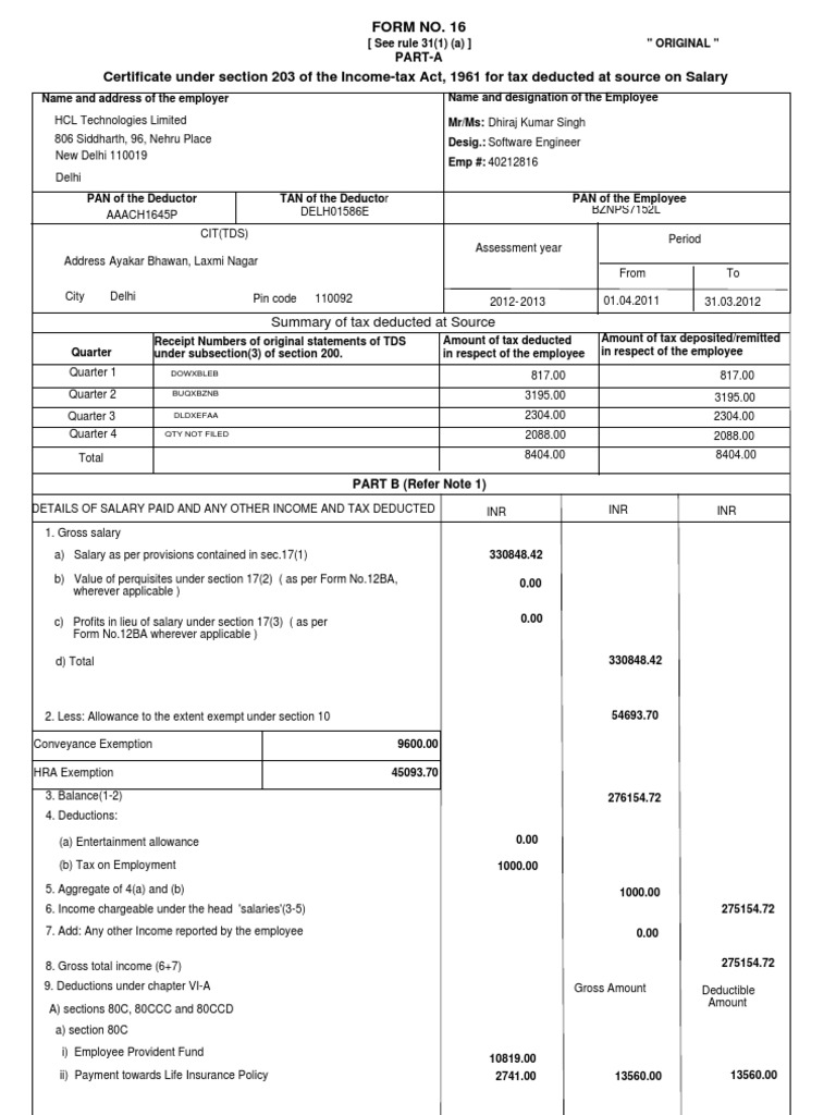 HCL Technologies Form 16 Overview | PDF | Employee Benefits | Expense