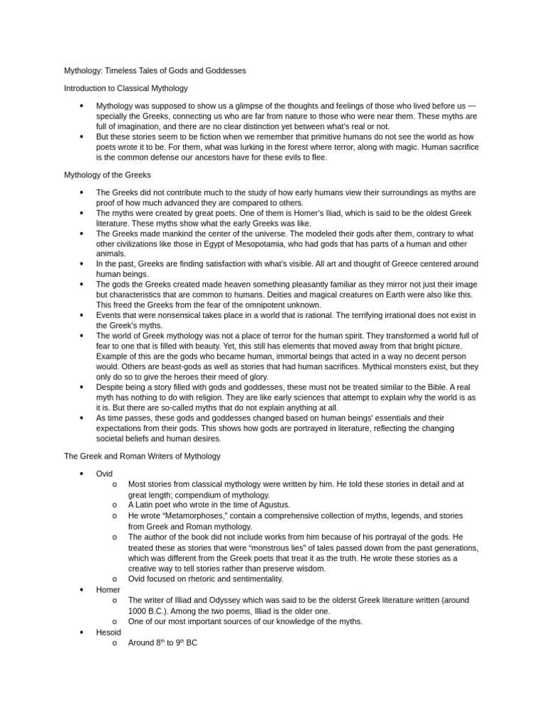 Mythology - Timeless Tales of Gods and Goddesses Summary | PDF | Greek ...